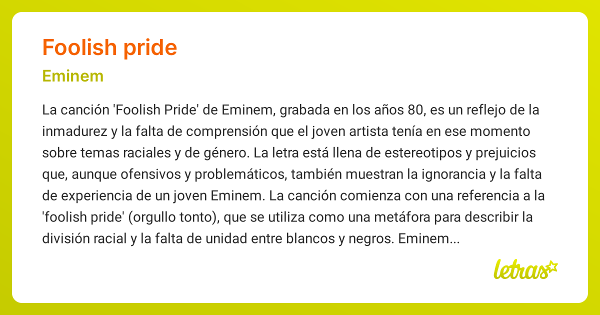 Significado de la canción FOOLISH PRIDE (Eminem) - LETRAS.COM