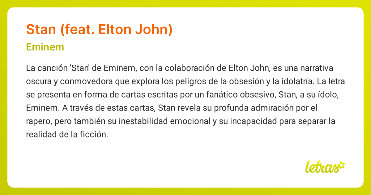 Significado de la canción STAN (FEAT. ELTON JOHN) (Eminem) - LETRAS.COM