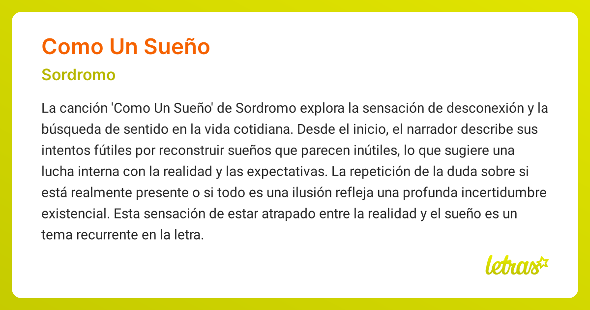 Significado de la canción COMO UN SUEÑO (Sordromo) - LETRAS.COM