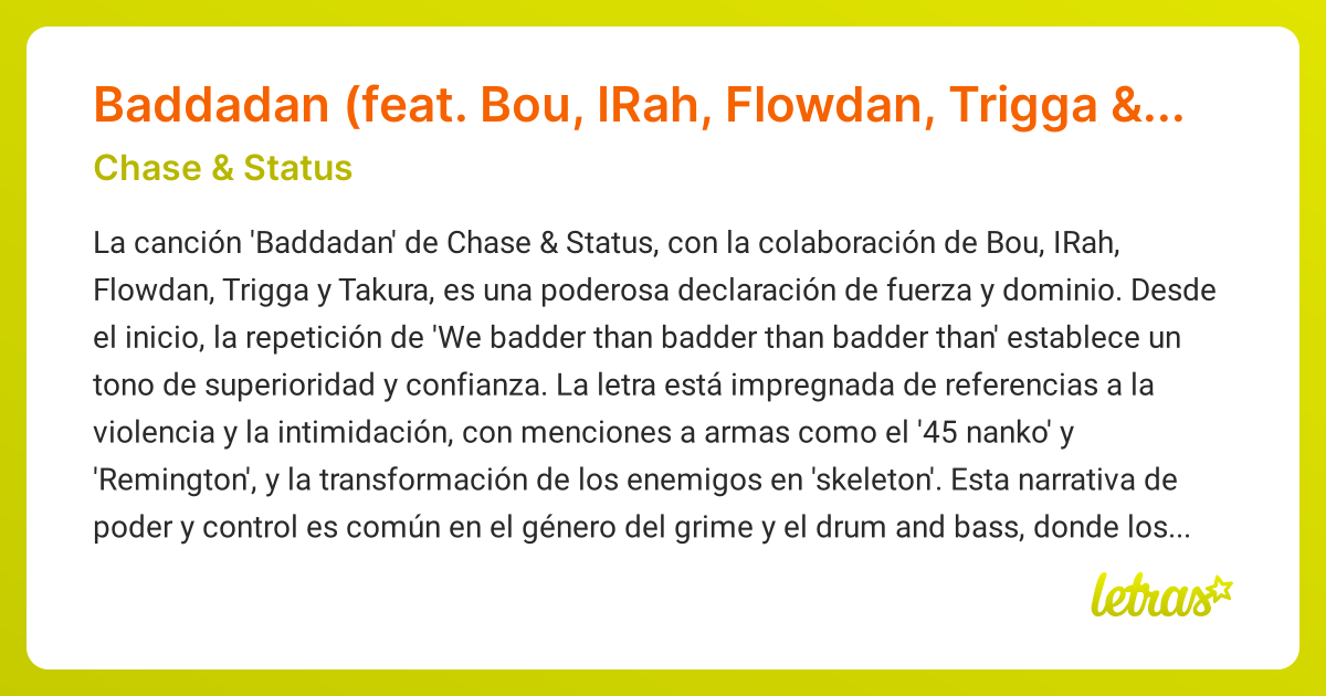 Significado de la canción Baddadan (feat. Bou, IRah, Flowdan, Trigga ...