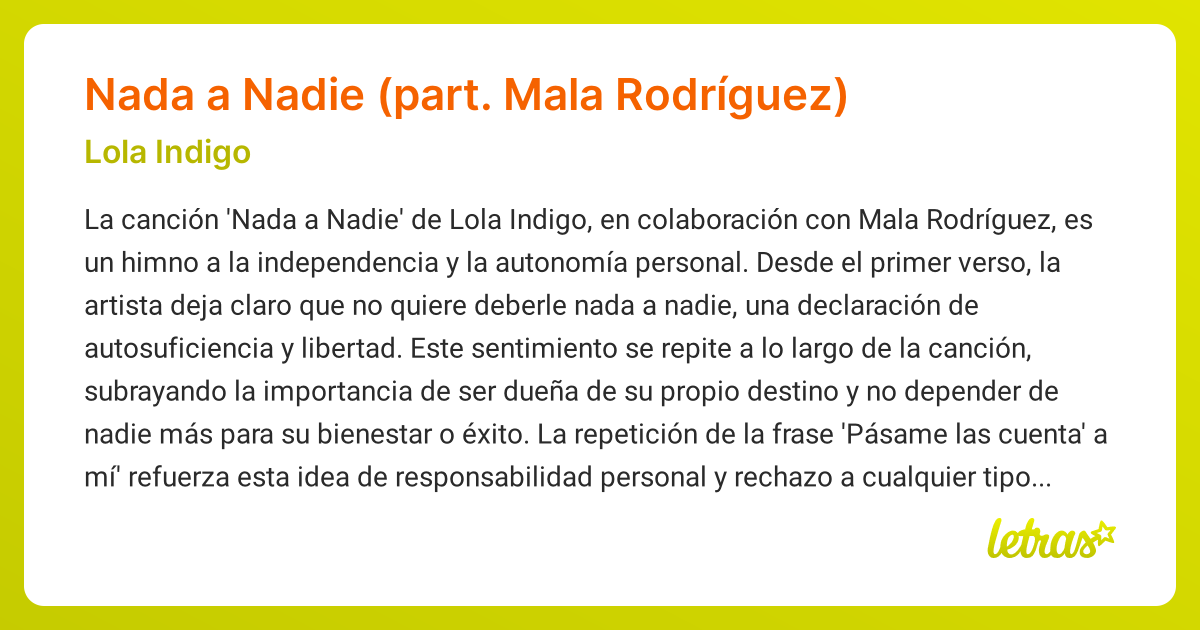 Significado de la canción Nada a Nadie (part. Mala Rodríguez) (Lola ...