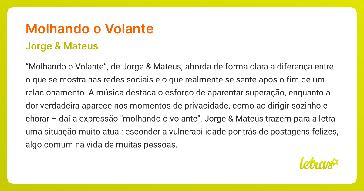 Significado da música MOLHANDO O VOLANTE (Jorge & Mateus) - LETRAS.MUS.BR