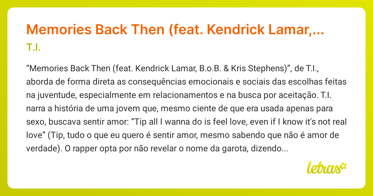 Significado da música Memories Back Then (feat. Kendrick Lamar, B.o.B ...