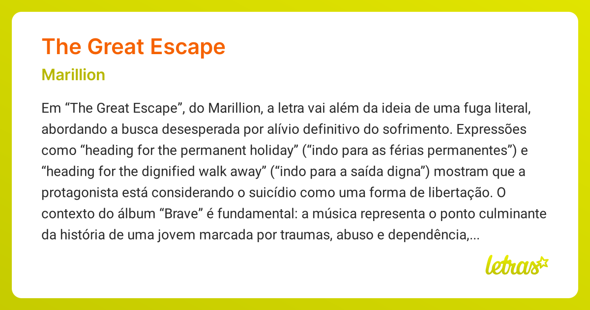 Significado da música THE GREAT ESCAPE (Marillion) - LETRAS.MUS.BR