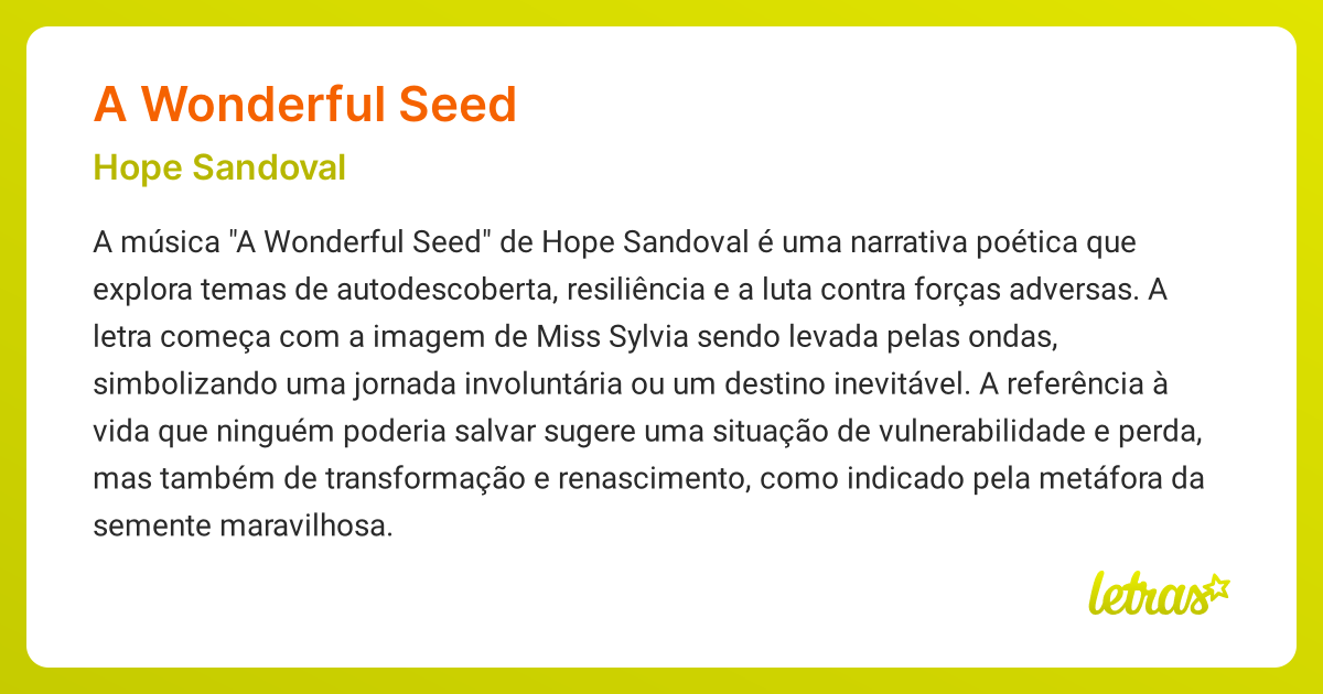 Significado da música A WONDERFUL SEED (Hope Sandoval) - LETRAS.MUS.BR