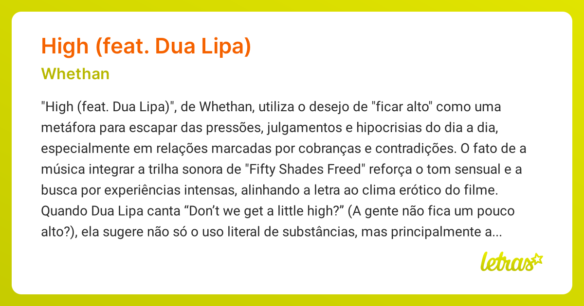 Significado da música HIGH (FEAT. DUA LIPA) (Whethan) - LETRAS.MUS.BR