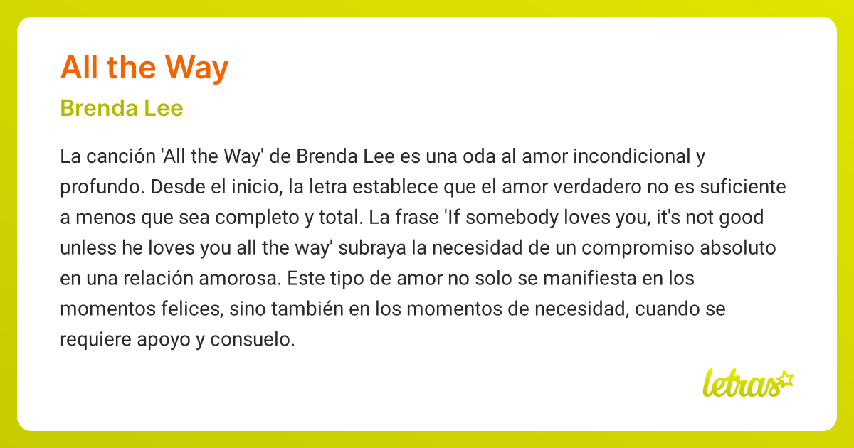 Significado de la canción ALL THE WAY (Brenda Lee) - LETRAS.COM