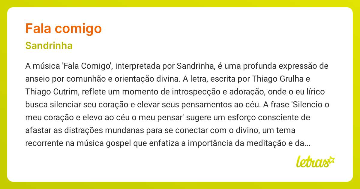 Significado da música FALA COMIGO (Sandrinha) - LETRAS.MUS.BR