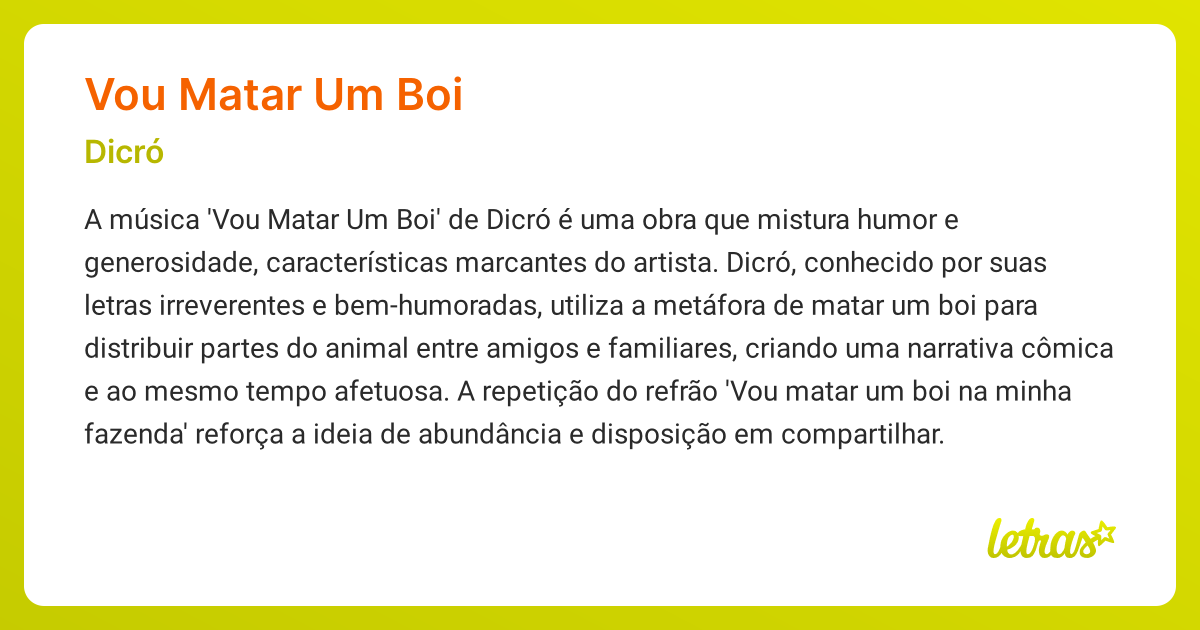 Significado da música VOU MATAR UM BOI (Dicró) - LETRAS.MUS.BR
