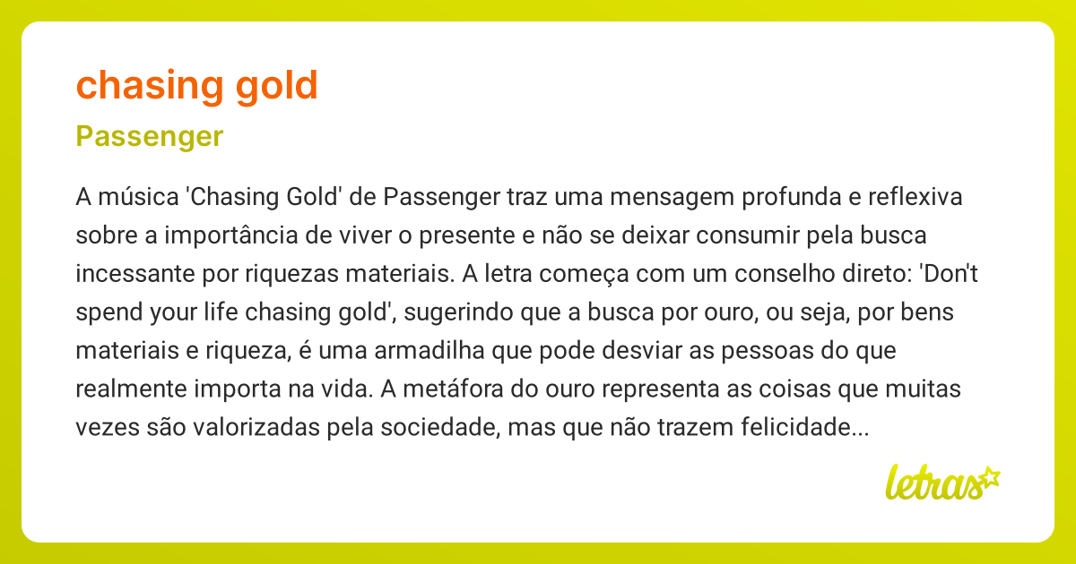 Significado da música CHASING GOLD (Passenger) - LETRAS.MUS.BR
