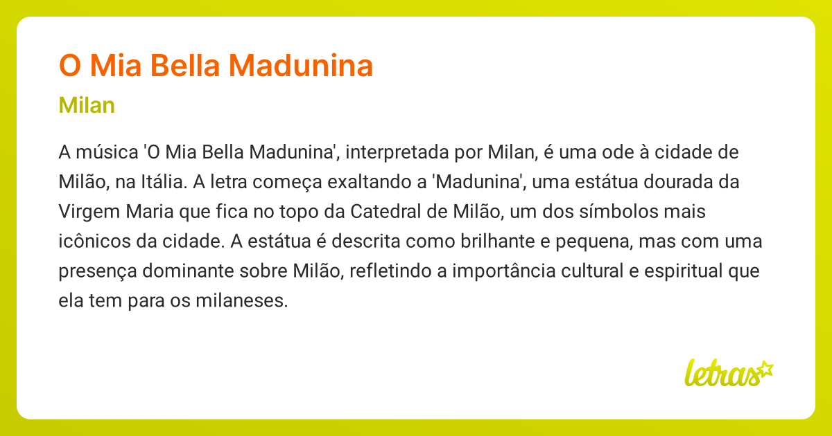 Significado da música O MIA BELLA MADUNINA (Milan) - LETRAS.MUS.BR