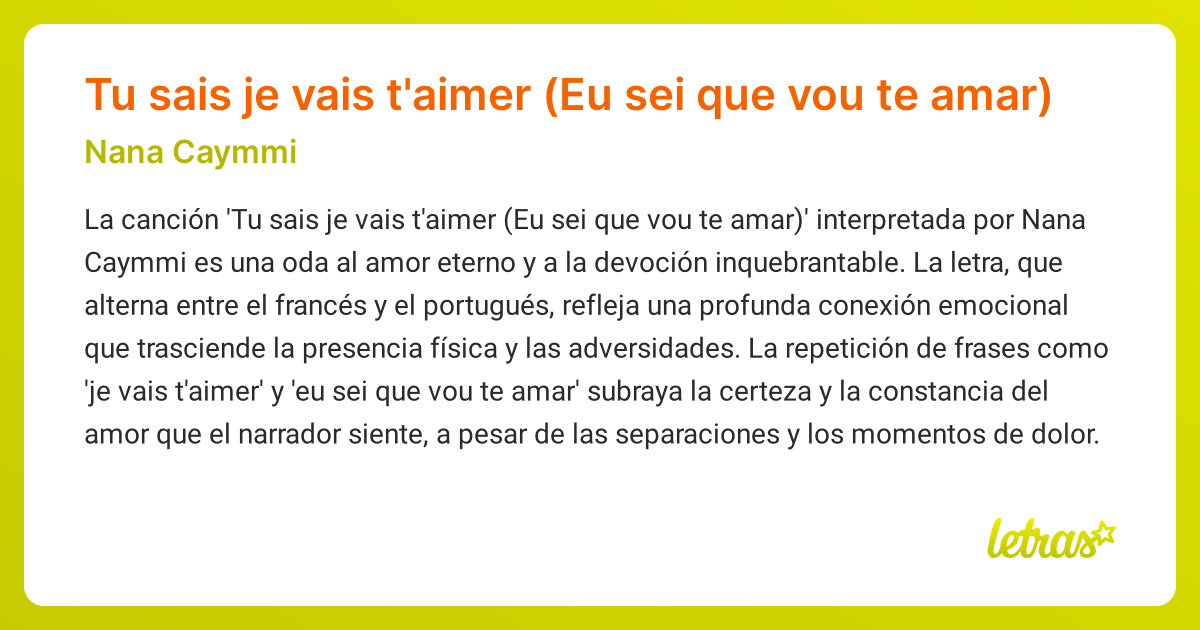 Significado de la canción Tu sais je vais t'aimer (Eu sei que vou te ...