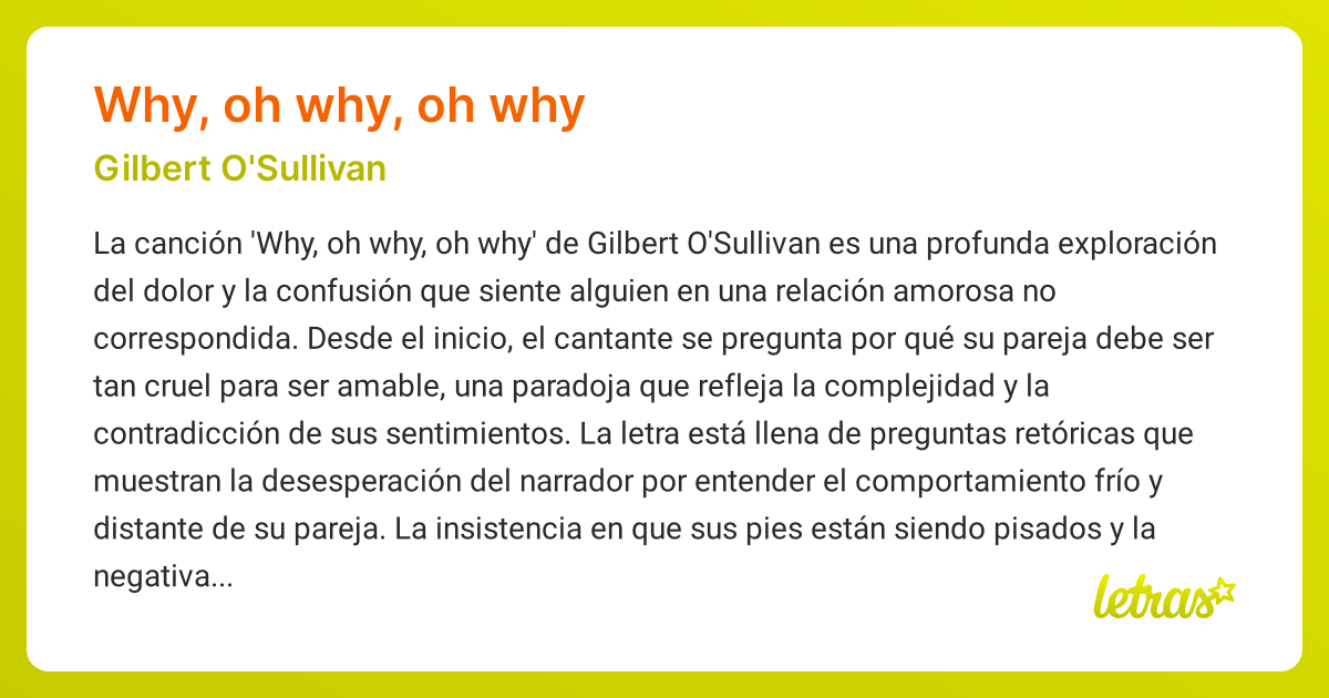 Significado de la canción WHY, OH WHY, OH WHY (Gilbert O'Sullivan ...