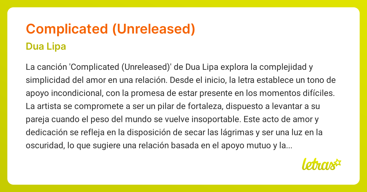 Significado de la canción COMPLICATED (UNRELEASED) (Dua Lipa) - LETRAS.COM