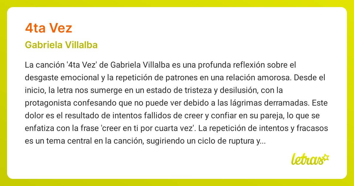 Significado de la canción 4TA VEZ (Gabriela Villalba) - LETRAS.COM