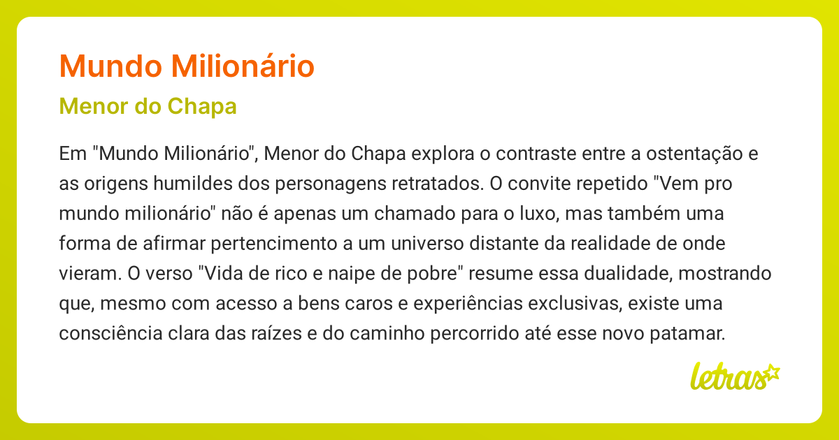 Significado da música MUNDO MILIONÁRIO (Menor do Chapa) - LETRAS.MUS.BR