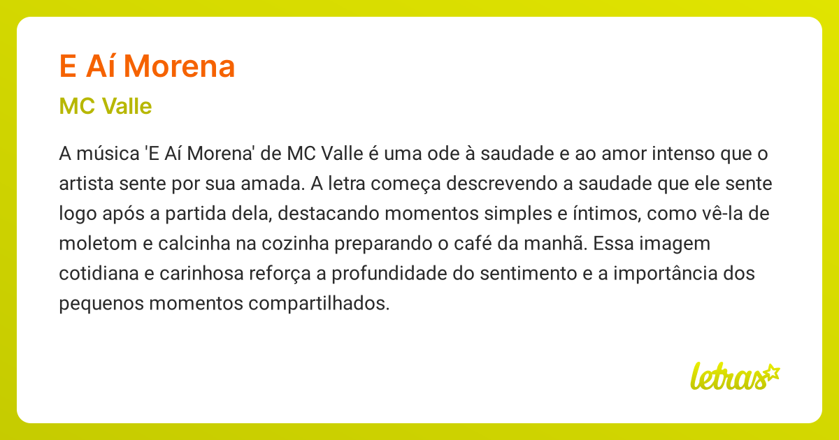 Significado da música E AÍ MORENA (MC Valle) - LETRAS.MUS.BR