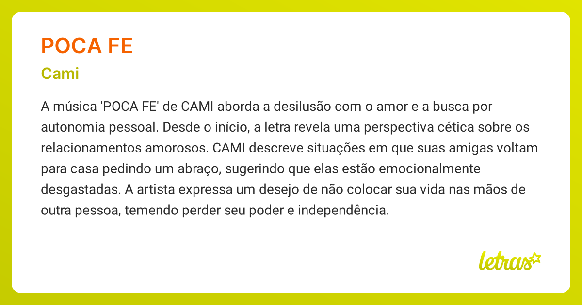 Significado da música POCA FE (Cami) - LETRAS.MUS.BR