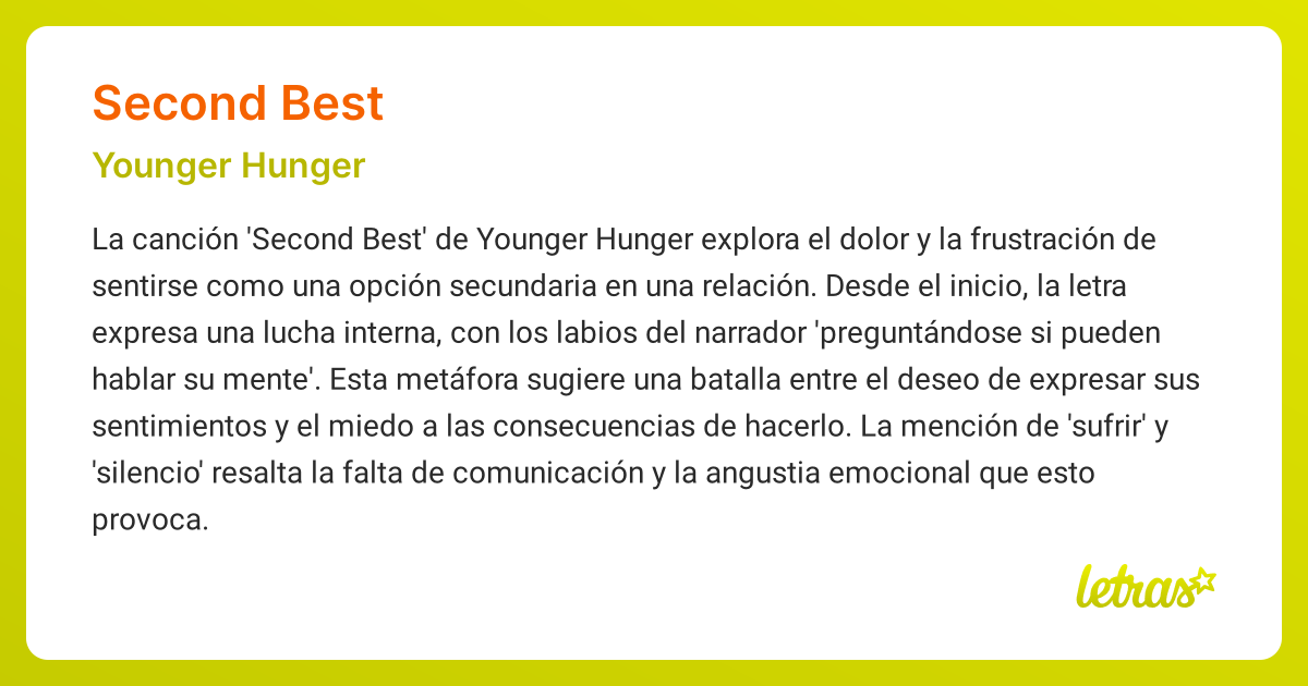 Significado de la canción SECOND BEST (Younger Hunger) - LETRAS.COM