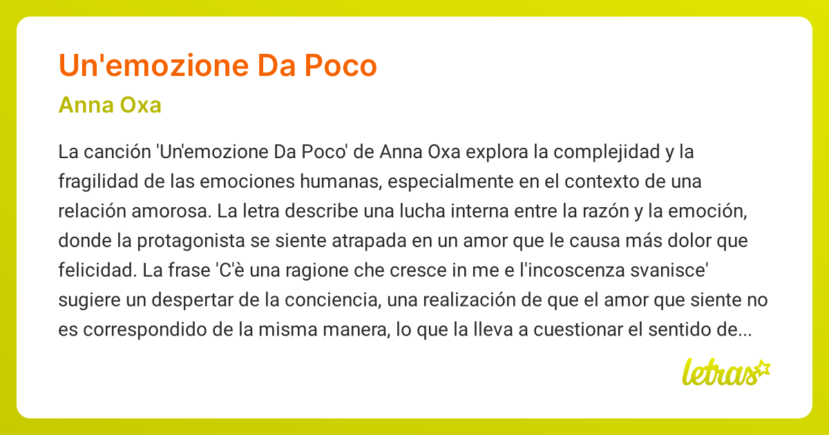 Significado de la canción UN'EMOZIONE DA POCO (Anna Oxa) - LETRAS.COM