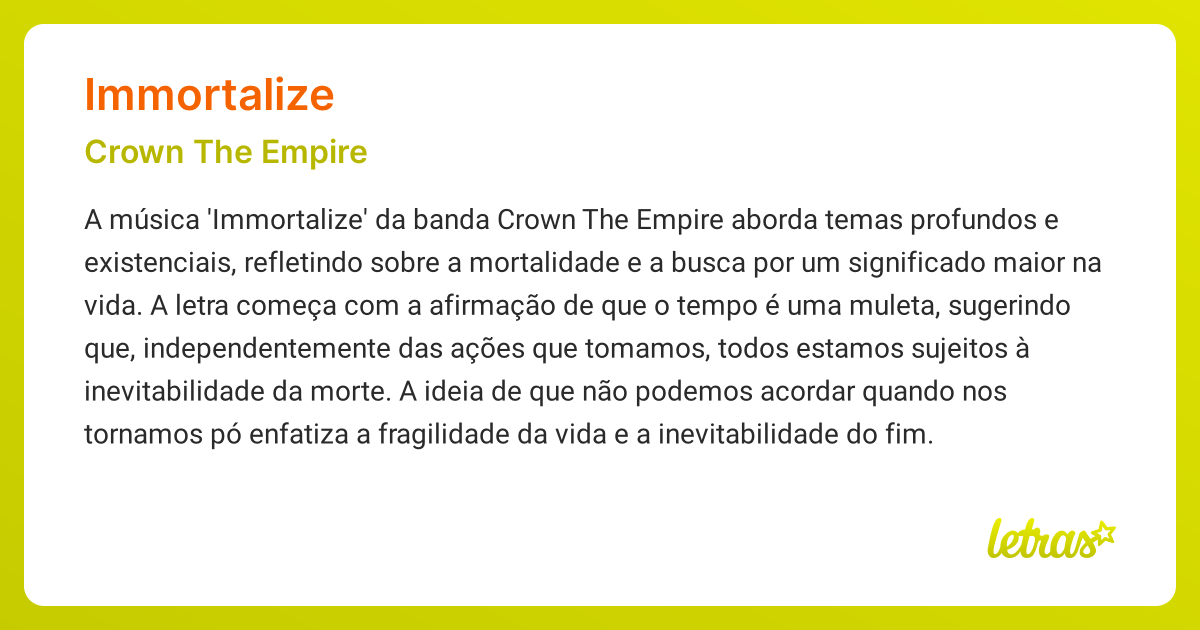 Significado da música IMMORTALIZE (Crown The Empire) - LETRAS.MUS.BR