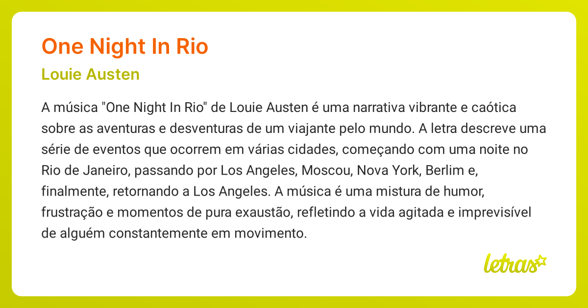Significado da música ONE NIGHT IN RIO (Louie Austen) - LETRAS.MUS.BR
