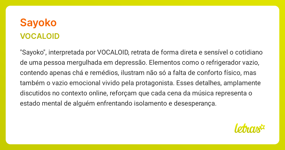 Significado da música SAYOKO (VOCALOID) - LETRAS.MUS.BR