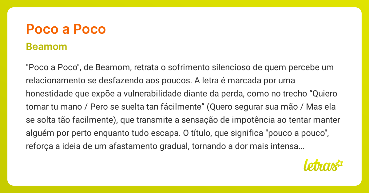 Significado da música POCO A POCO (Beamom) - LETRAS.MUS.BR