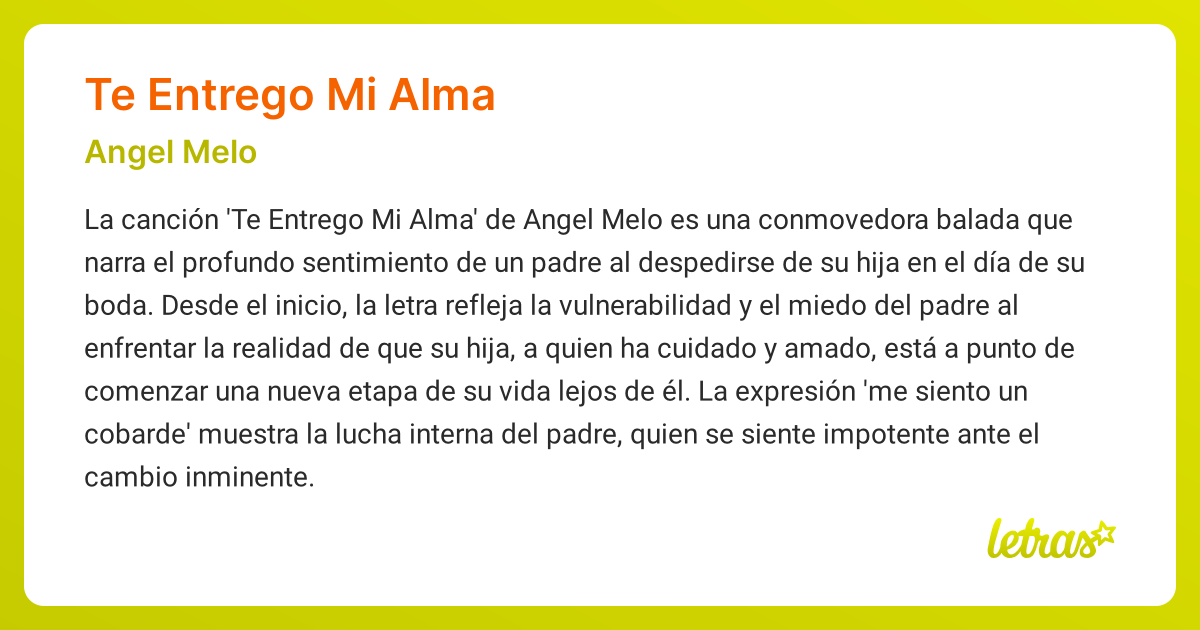 Significado de la canción TE ENTREGO MI ALMA (Angel Melo) - LETRAS.COM
