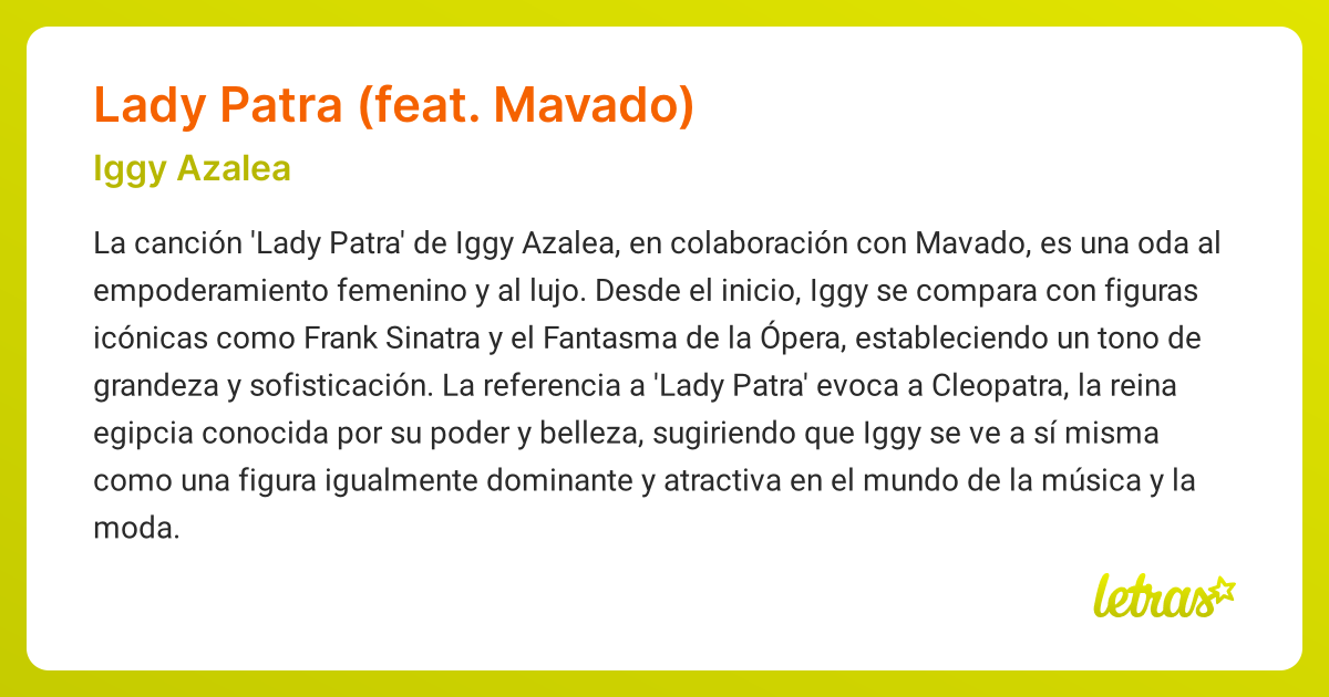 Significado de la canción LADY PATRA (FEAT. MAVADO) (Iggy Azalea ...