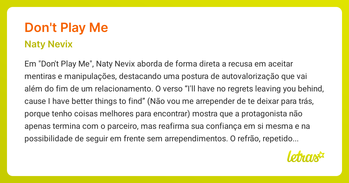 Significado da música DON'T PLAY ME (Naty Nevix) - LETRAS.MUS.BR