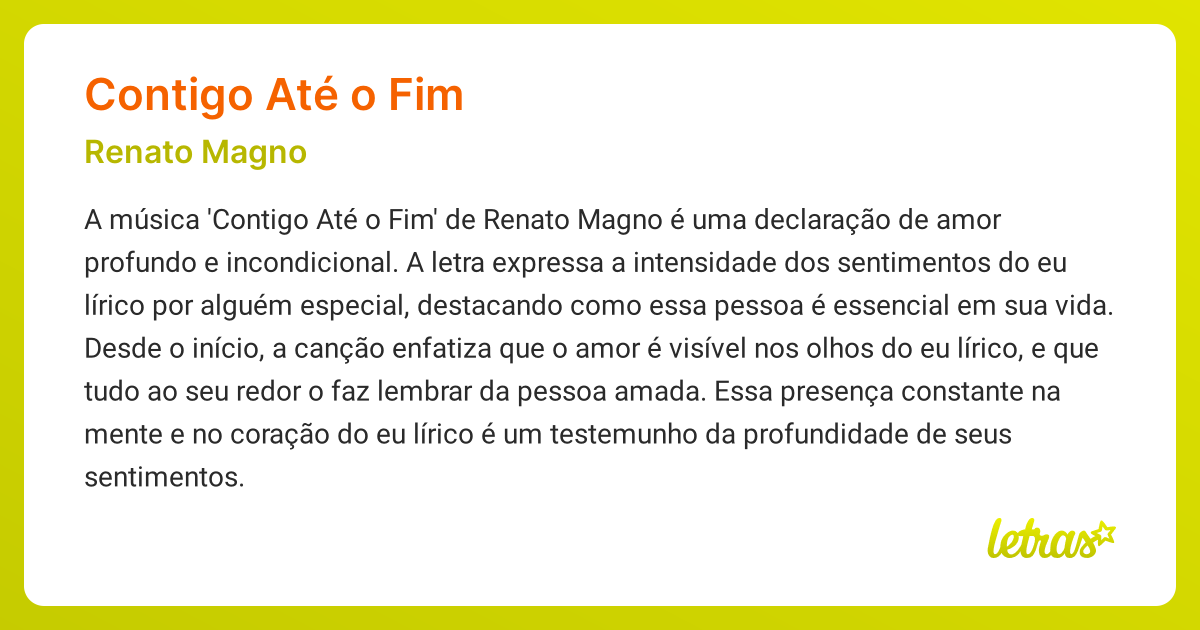 Significado da música CONTIGO ATÉ O FIM (Renato Magno) - LETRAS.MUS.BR