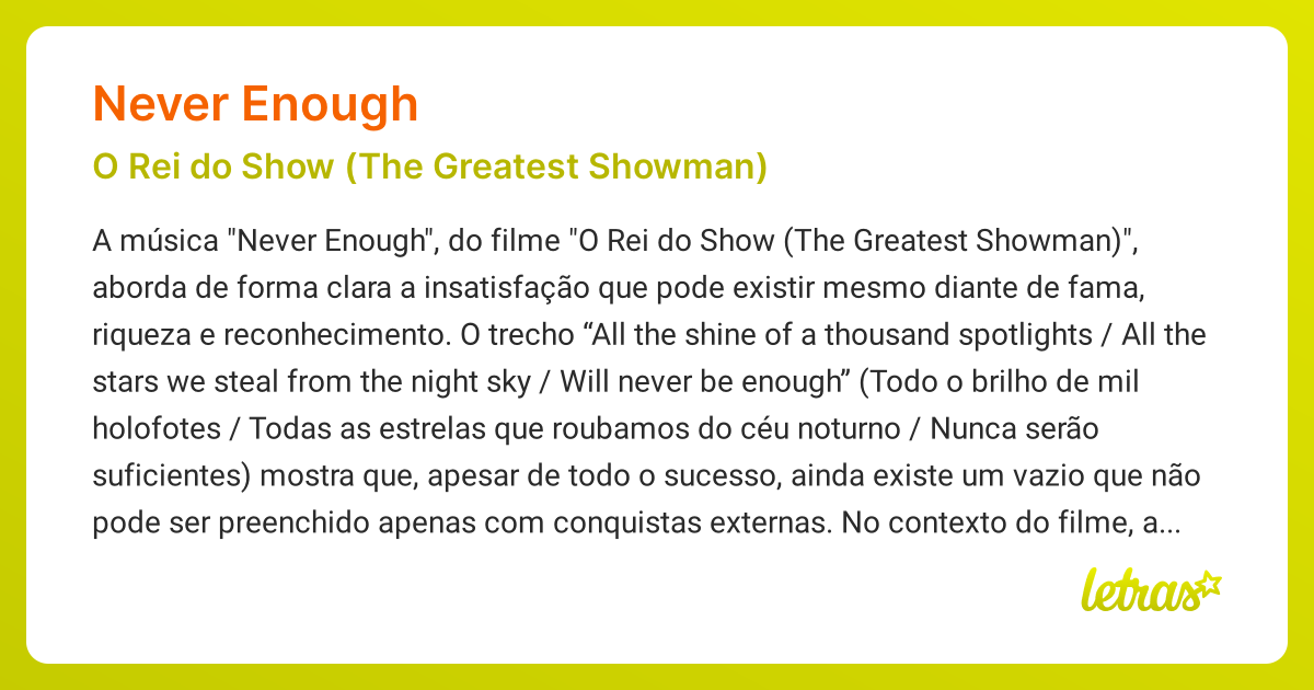 Significado da música NEVER ENOUGH (O Rei do Show (The Greatest Showman ...