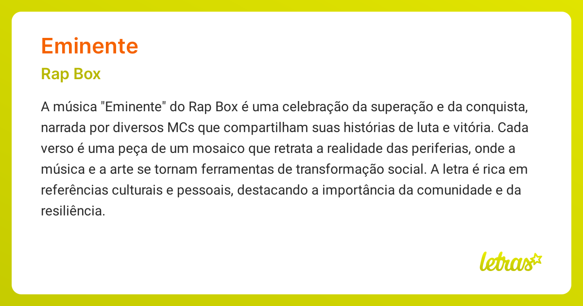 Significado da música EMINENTE (Rap Box) - LETRAS.MUS.BR