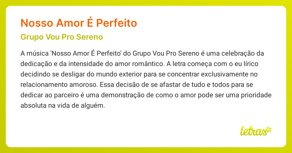 Significado da música NOSSO AMOR É PERFEITO (Grupo Vou Pro Sereno ...
