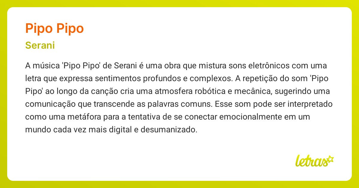 Significado da música PIPO PIPO (Serani) - LETRAS.MUS.BR