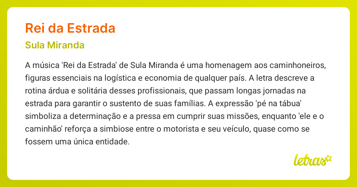 Significado da música REI DA ESTRADA (Sula Miranda) - LETRAS.MUS.BR