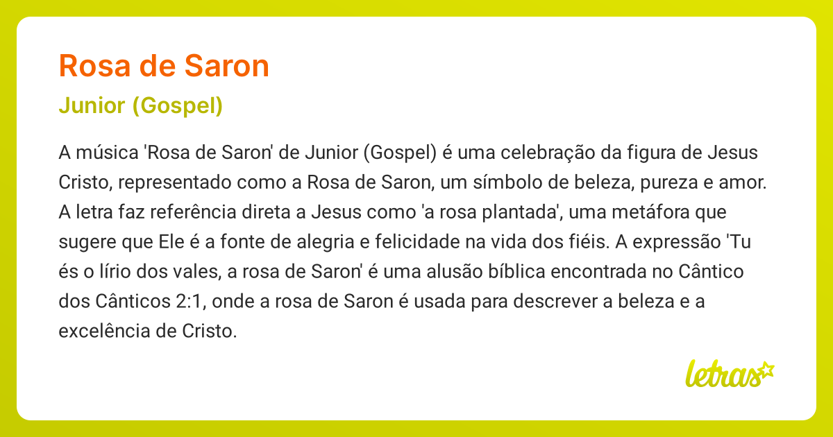 Significado da música ROSA DE SARON (Junior (Gospel)) - LETRAS.MUS.BR