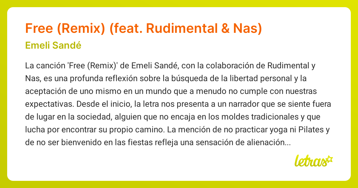 Significado de la canción Free (Remix) (feat. Rudimental & Nas) (Emeli ...