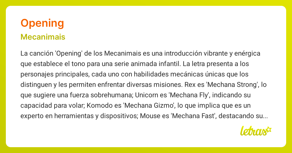 Significado de la canción OPENING (Mecanimais) - LETRAS.COM