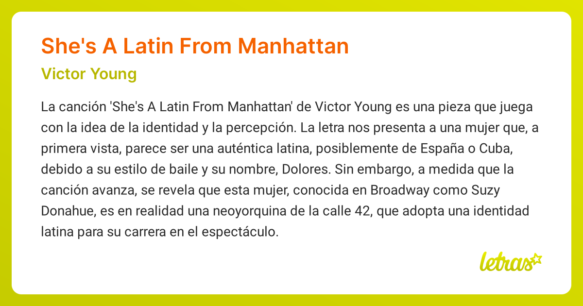 Significado de la canción SHE'S A LATIN FROM MANHATTAN (Victor Young ...