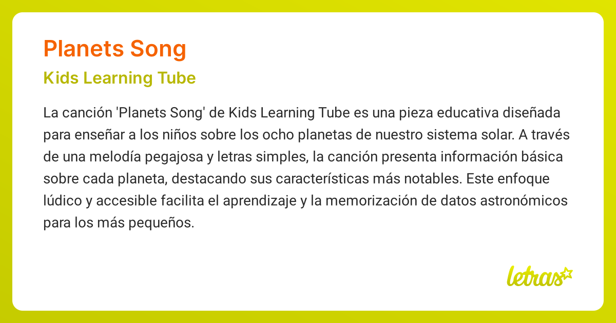 Significado de la canción PLANETS SONG (Kids Learning Tube) - LETRAS.COM