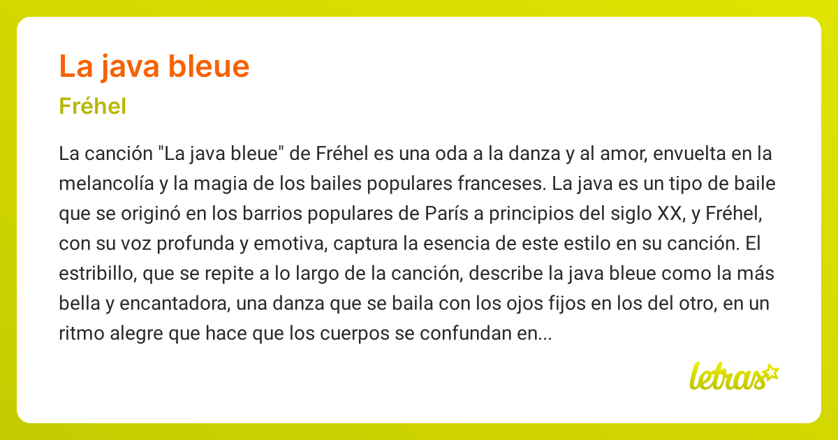 Significado de la canción LA JAVA BLEUE (Fréhel) - LETRAS.COM