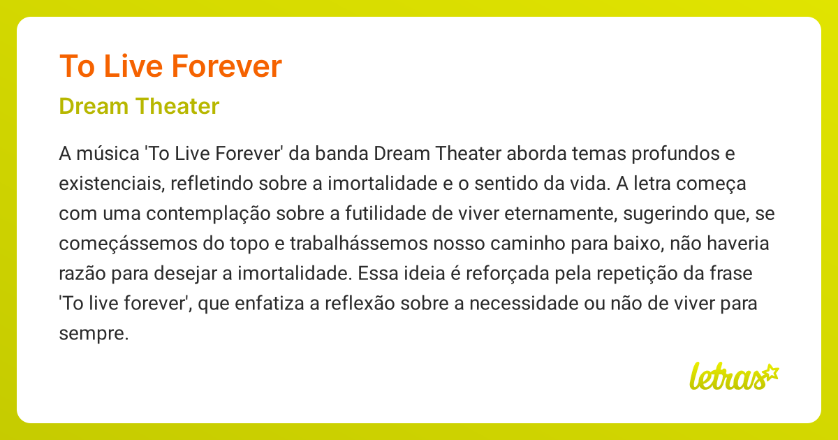 Significado da música TO LIVE FOREVER (Dream Theater) - LETRAS.MUS.BR