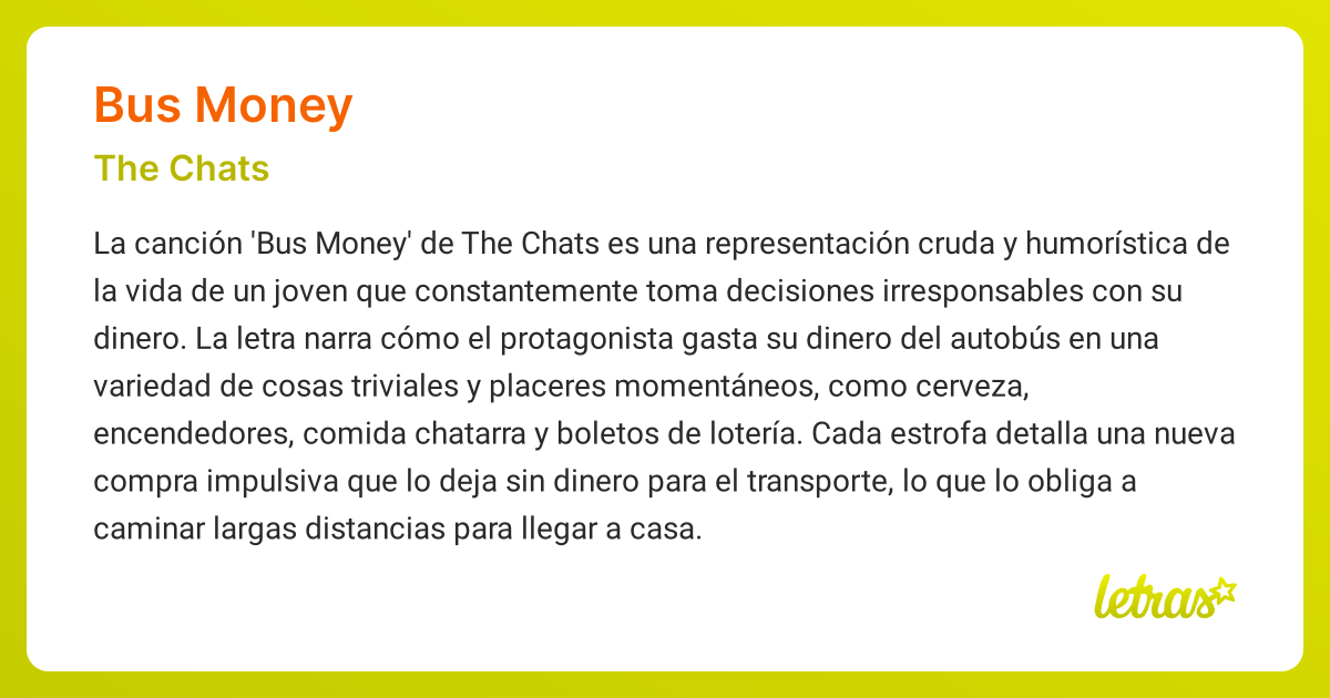 Significado de la canción BUS MONEY (The Chats) - LETRAS.COM