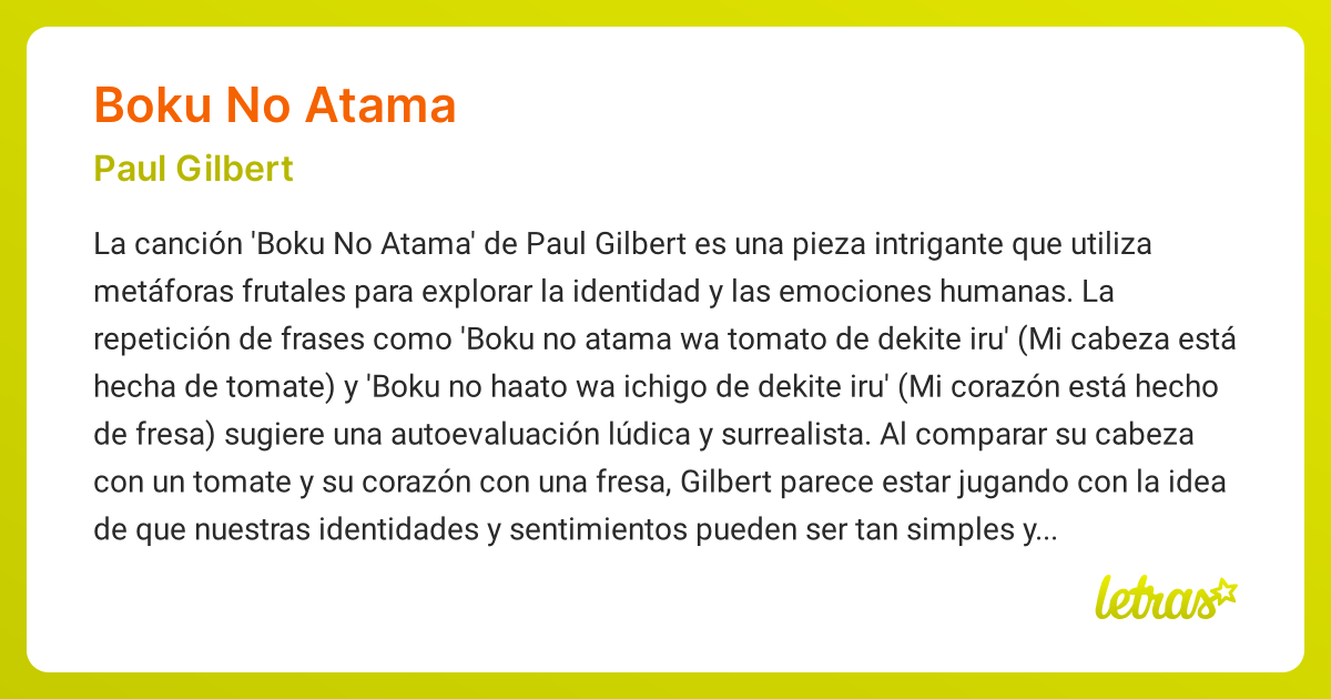 Significado de la canción BOKU NO ATAMA (Paul Gilbert) - LETRAS.COM