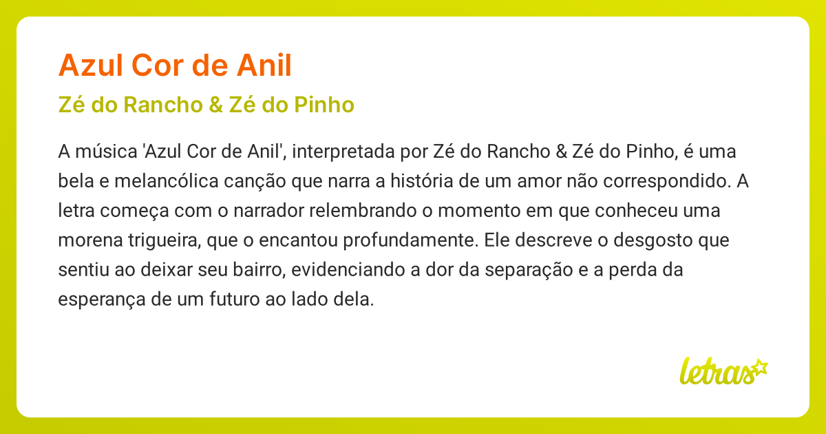 Significado da música AZUL COR DE ANIL (Zé do Rancho & Zé do Pinho ...