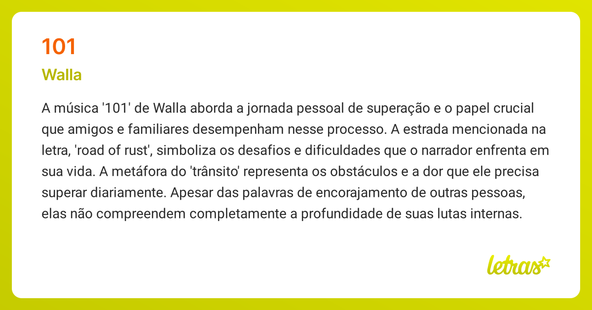 Significado da música 101 (Walla) - LETRAS.MUS.BR