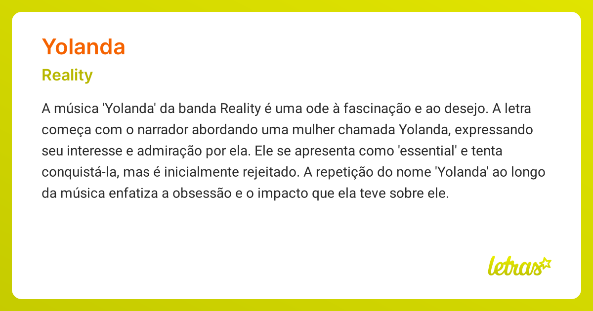 Significado da música YOLANDA (Reality) - LETRAS.MUS.BR