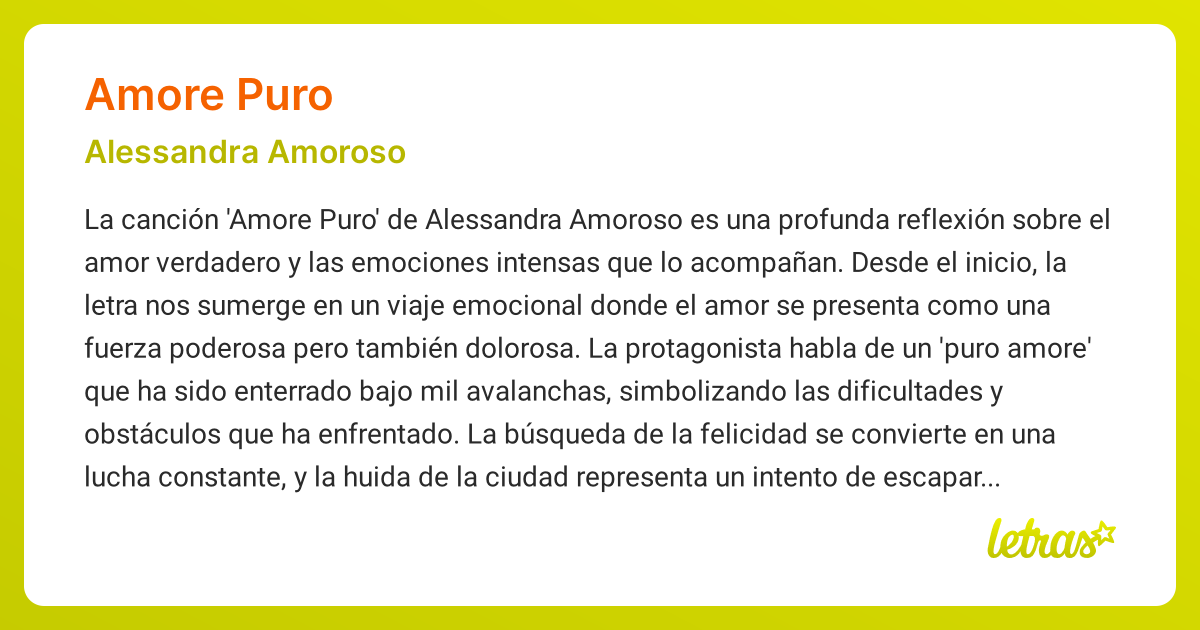Significado de la canción AMORE PURO (Alessandra Amoroso) - LETRAS.COM